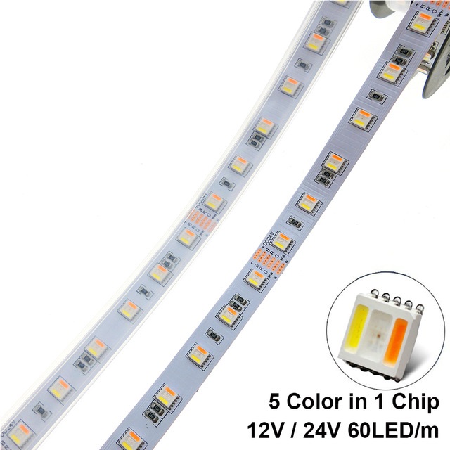 DC 12V/24V 5050 SMD Flexible LED Strip 60LEDs/m Emitting RGBCCT 5 Color in 1 Chips RGB+WW+CW ...