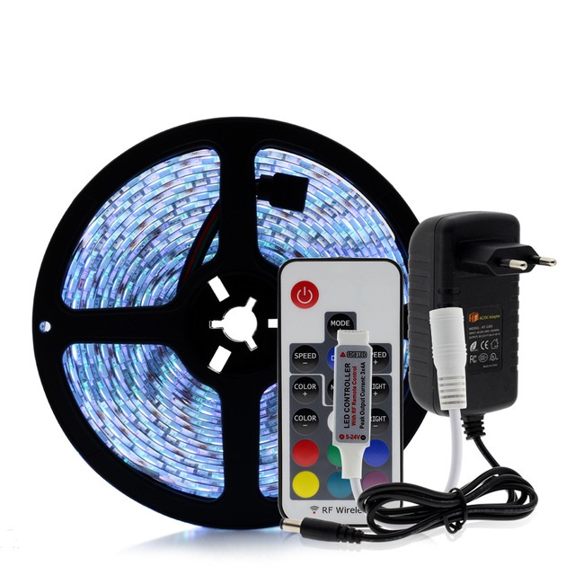 RGB LED Strips 5050 DC12V 5m 300 LEDs Fleixble Light + 17Keys RF ...